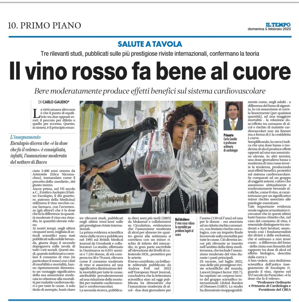 Il vino rosso fa bene al cuore. Il CREA su Il Tempo - Il vino rosso fa ...